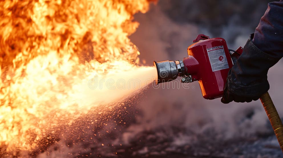 Focused Man Using Fire Extinguisher To Fight Fire in Close Up View ...