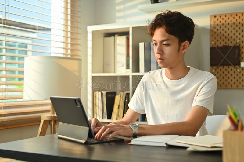 Focused Man Watching Educational Webinar on Laptop. Online Education, E ...