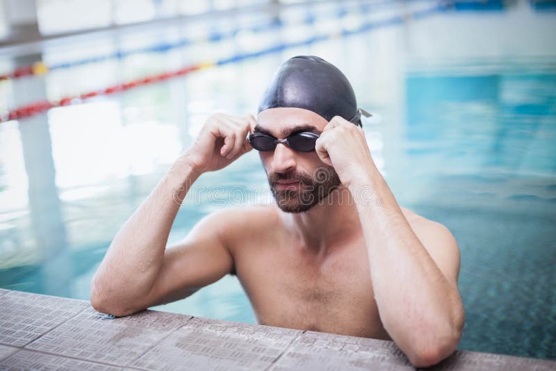 Focused Man Wearing Swim Cap and Goggles Stock Image - Image of ...
