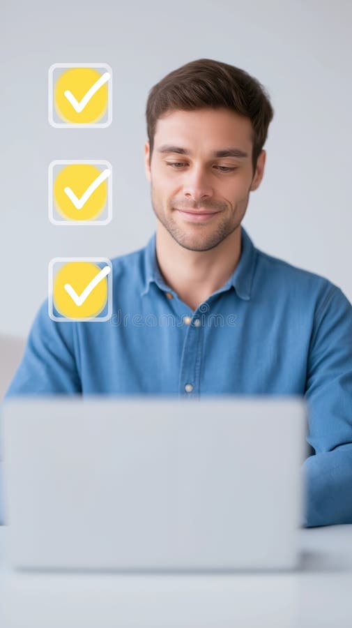 Focused Man Working on Laptop with Check Marks on Screen, Representing Productivity and Success ...