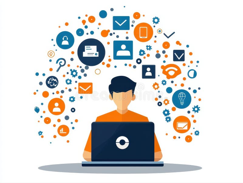 Focused Man Working on a Laptop Surrounded by Various Informative Icons ...