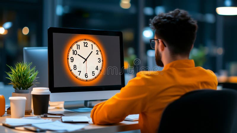 Focused Man Working Late Night at His Desk in Modern Office, with Large ...