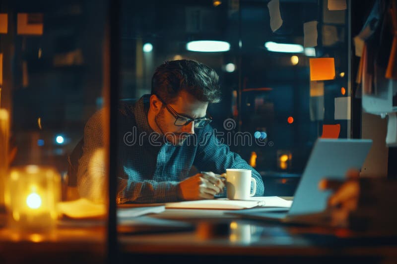 Focused Man Working Late at Night in Modern Office Setting Stock ...
