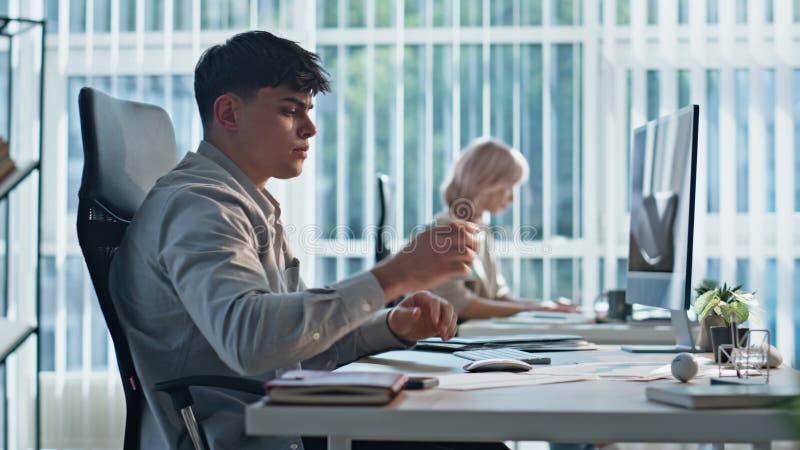 Focused Manager Typing Computer at Workplace Closeup. Man Making Coffee ...