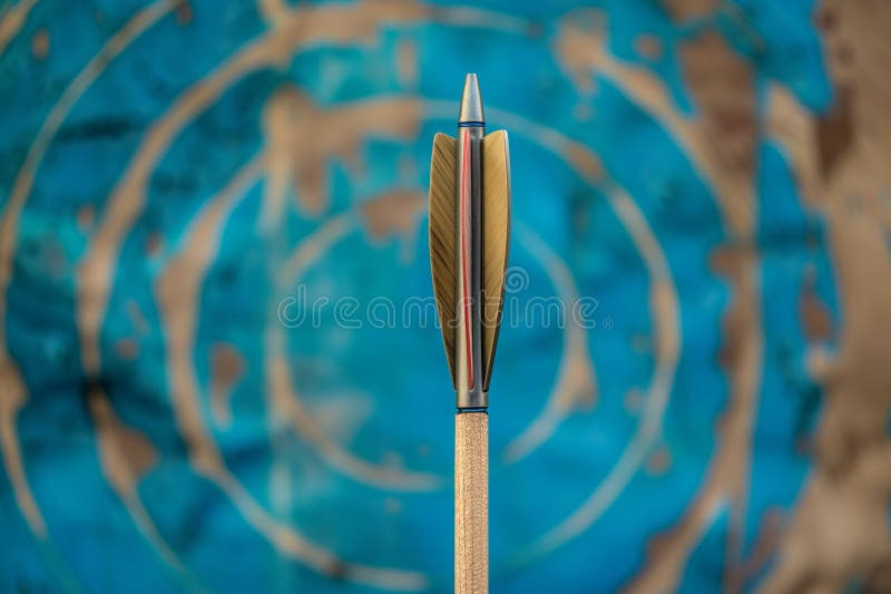 Focused Metal Arrow Point with a Faded Blue Target Backdrop Stock Photo ...