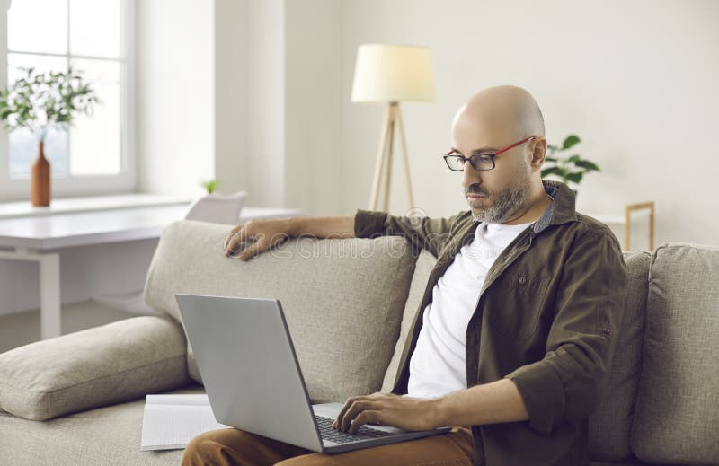 Middle-aged Man Work Online on Computer at Home Stock Photo - Image of ...