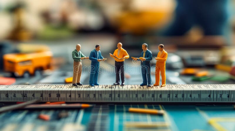 Focused Miniature Office Workers Collaborative Team Precise Measurement ...