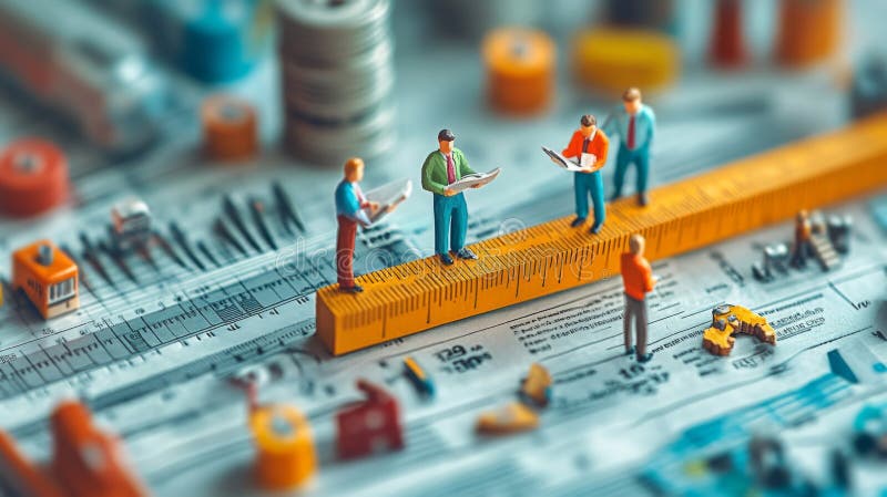 Focused Miniature Office Workers Collaborative Team Precise Measurement ...