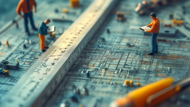 Focused Miniature Office Workers Collaborative Team Precise Measurement ...