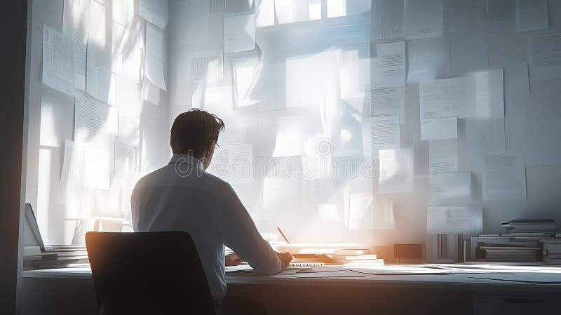 Focused Office Worker Sits at Desk Surrounded by Papers, Deep in ...