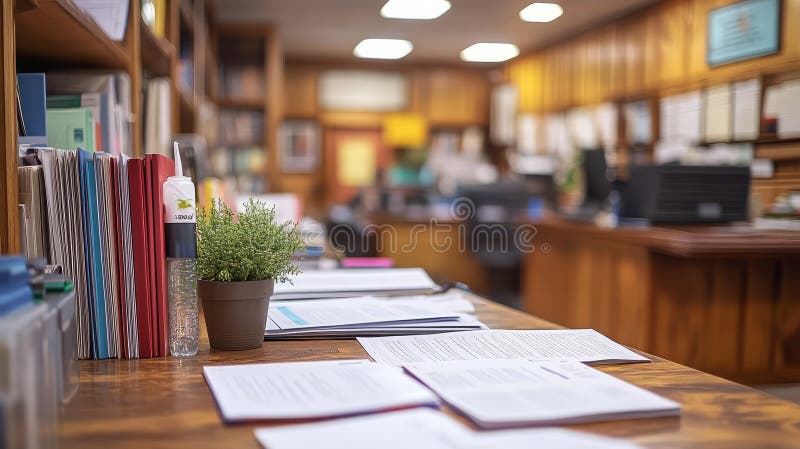 A Focused Office Workspace Featuring Papers, Plants, and Organizational ...