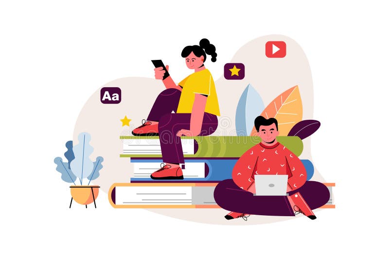 Focused People Studying in an Online School. Vector Illustration ...