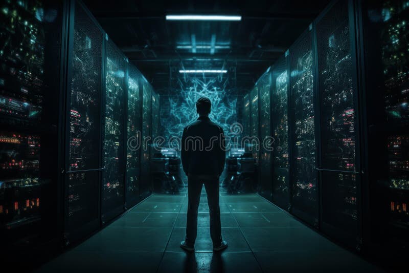 Focused Person Standing in Front of Dark Server Room. Generate Ai Stock ...