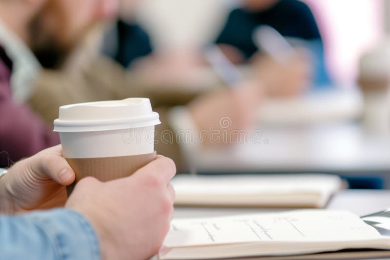 Focused Person Taking Notes with Coffee at Hand, Lecture Ongoing Stock ...