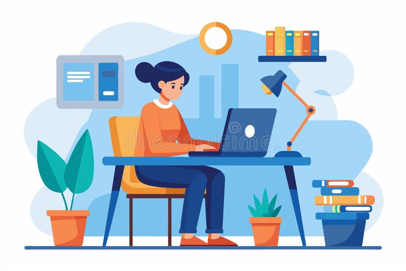 A Focused Person Types on a Laptop at a Desk Surrounded by Plants and ...