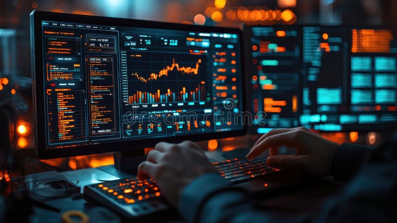 Focused Person Using a Computer in a Cozy Modern Workspace Setting ...