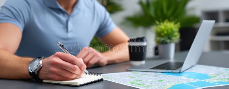 Focused Person Writing Notes on Notepad with Zoning Maps and Laptop on ...