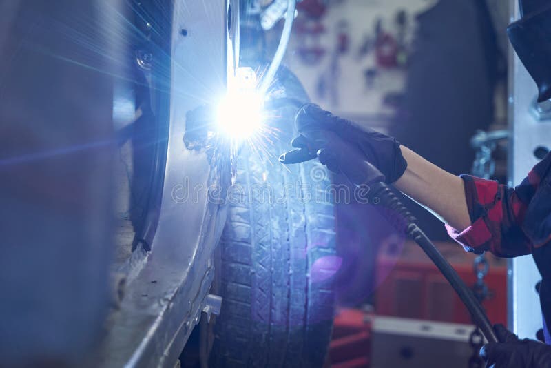 Focused Photo on Mechanic that Welding Metal Stock Image - Image of ...