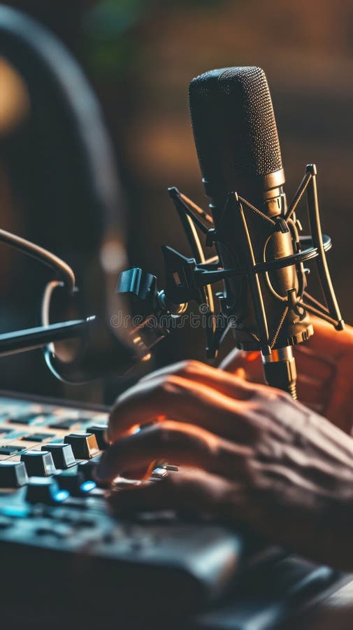 Focused Podcast Host with Professional Microphone and Keyboard ...