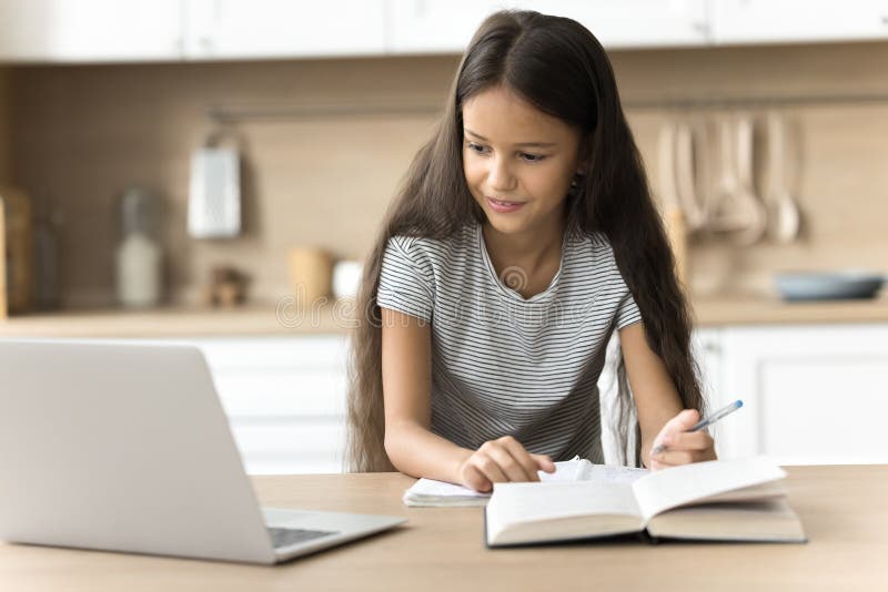 Focused Positive Schoolkid Studying at Home, Watching Online Lesson Stock Photo - Image of learn ...