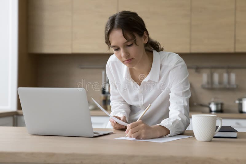 Focused Pretty Student Girl Studying at Home, Watching Online Class ...
