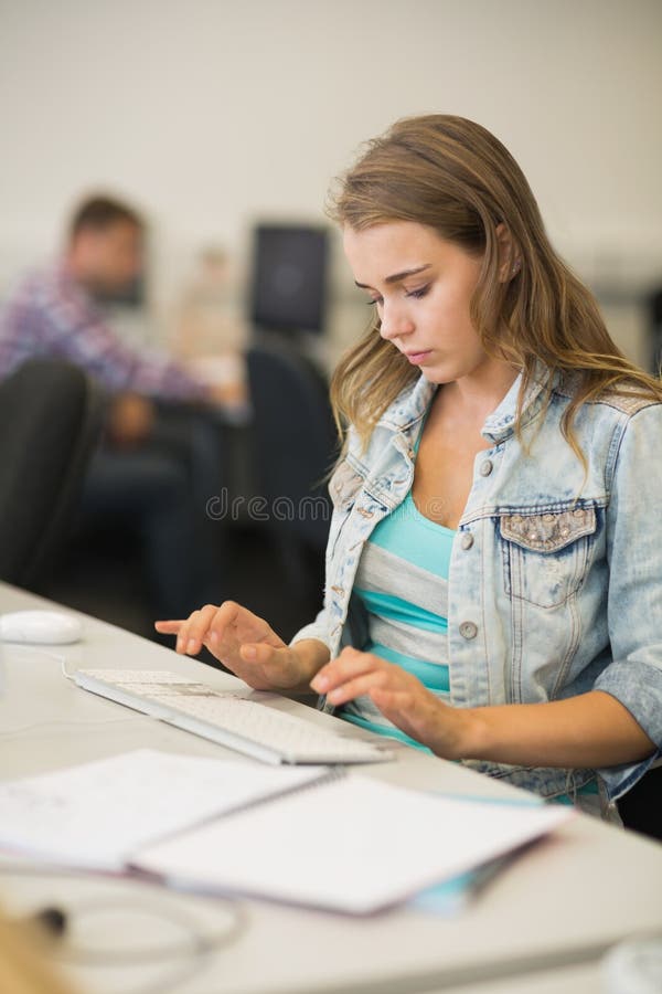 Focused Pretty Student Working in the Computer Room Stock Image - Image ...