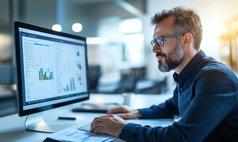 A Focused Professional Analyzes Data on a Computer Screen in a Modern ...
