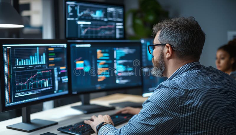 A Focused Professional Analyzing Data on Multiple Computer Screens in a ...