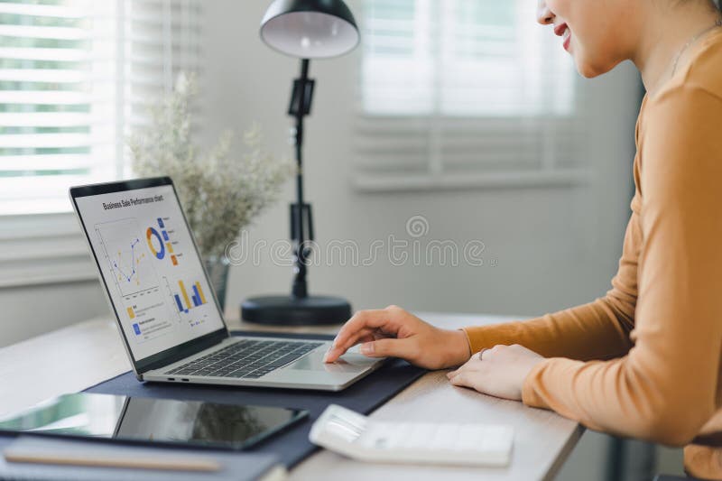 Sales Performance Management Concept. Businessman Use Laptop To Analyze ...