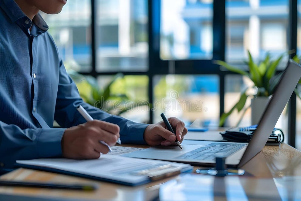 Focused Professional Efficiently Completes Tasks Using Laptop and ...