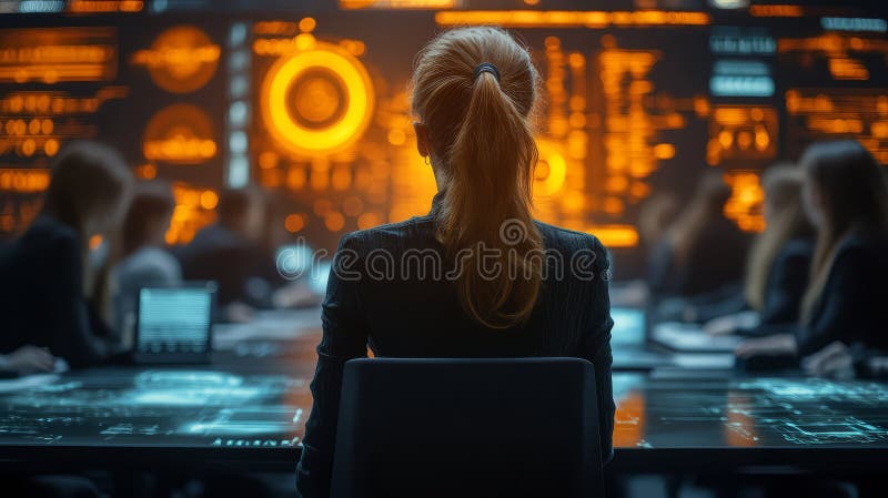 A Focused Professional in a High-tech Meeting Room with Digital ...