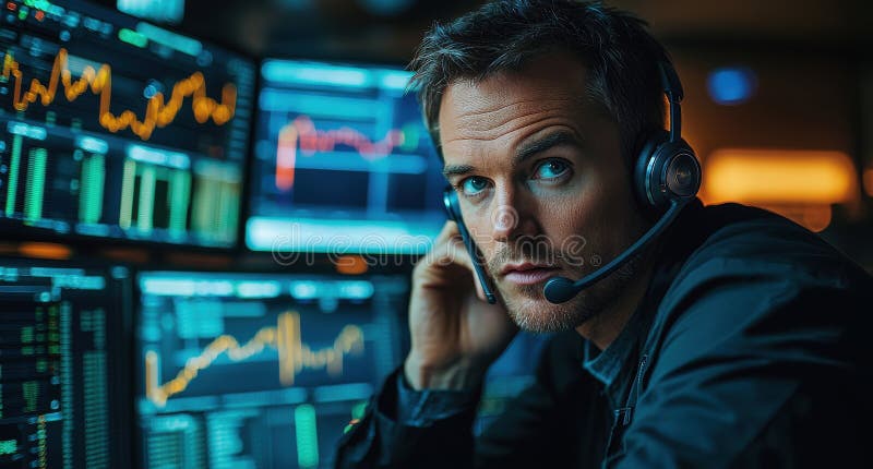 Confident Man with Headset Working in a Bustling Stock Market ...