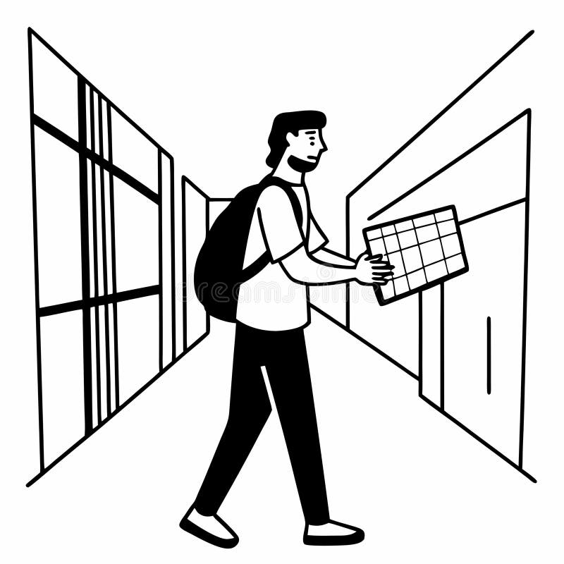 A Focused Professional Man Walking with a Backpack, Laptop, and Project ...