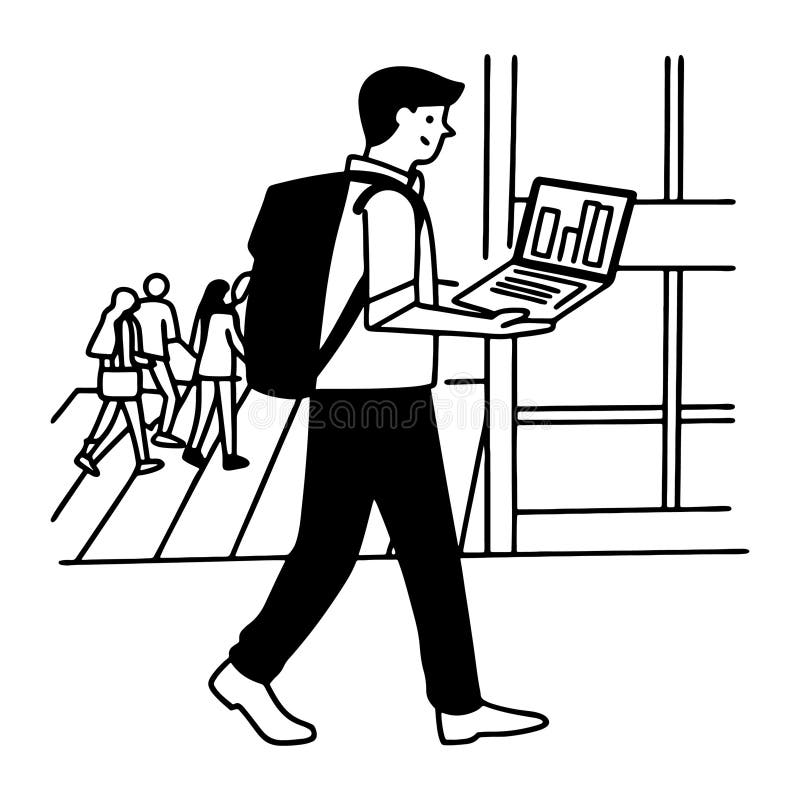 A Focused Professional Man Walking with a Backpack, Laptop, and Project ...