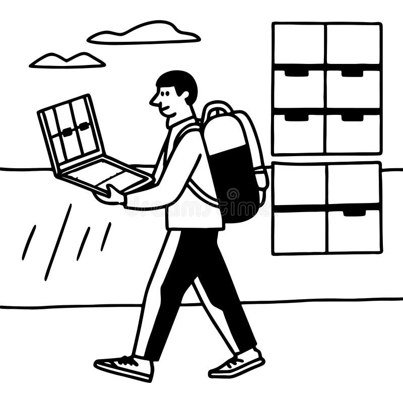 A Focused Professional Man Walking with a Backpack, Laptop, and Project ...