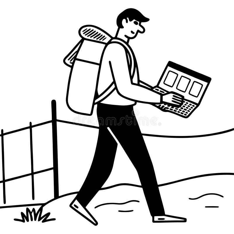 A Focused Professional Man Walking with a Backpack, Laptop, and Project ...