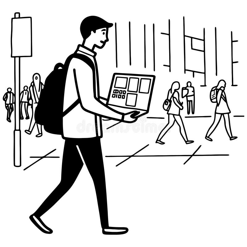 A Focused Professional Man Walking with a Backpack, Laptop, and Project ...