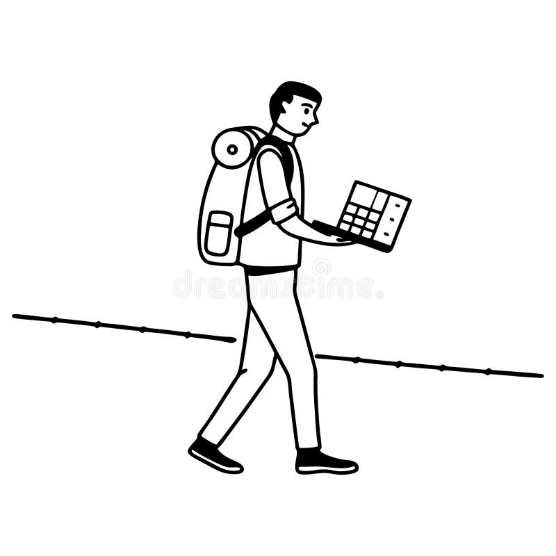 A Focused Professional Man Walking with a Backpack, Laptop, and Project ...