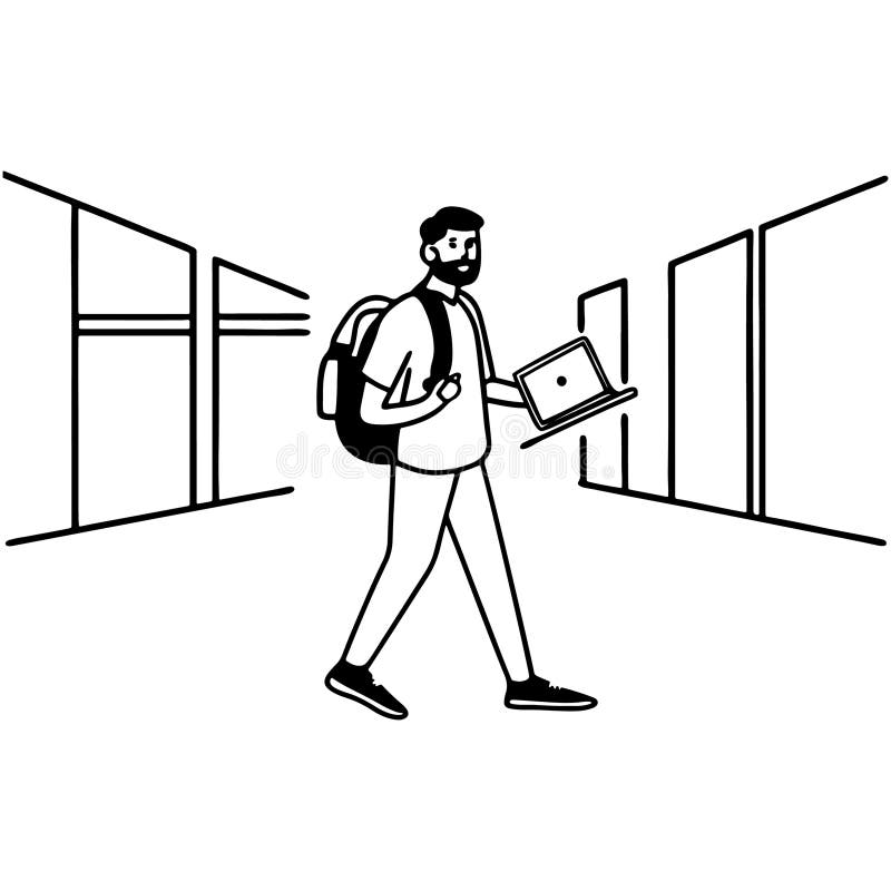 A Focused Professional Man Walking with a Backpack, Laptop, and Project ...