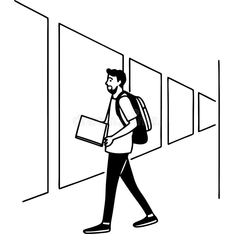 A Focused Professional Man Walking with a Backpack, Laptop, and Project ...