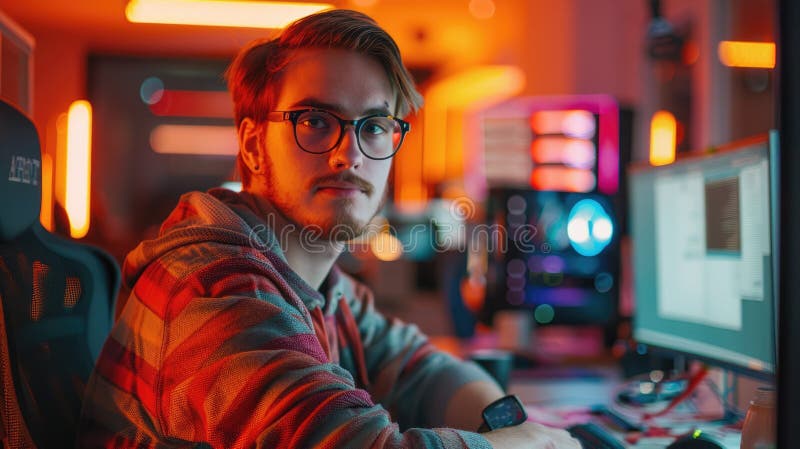 Professional Man Working Late in Modern Office with Ambient Lighting ...