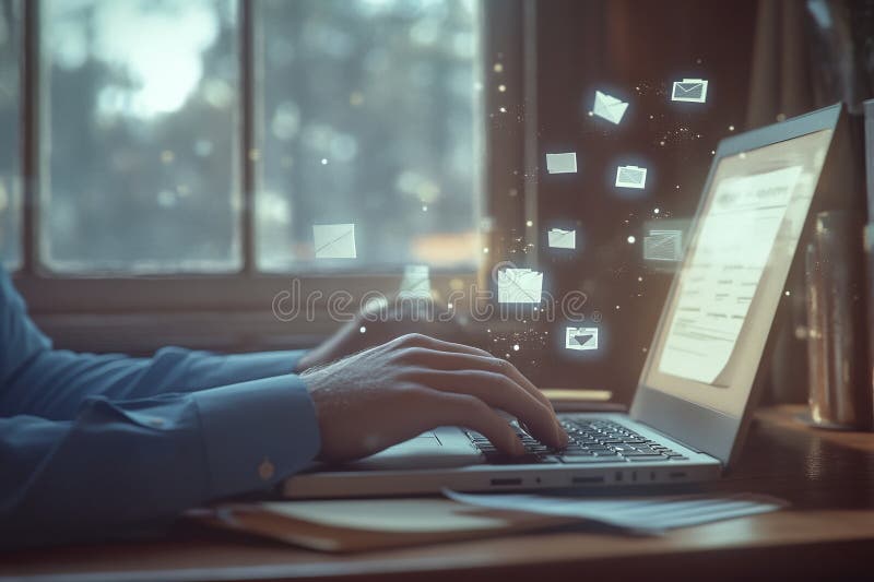 Focused Professional Typing on Laptop Surrounded by Digital Icons in a ...