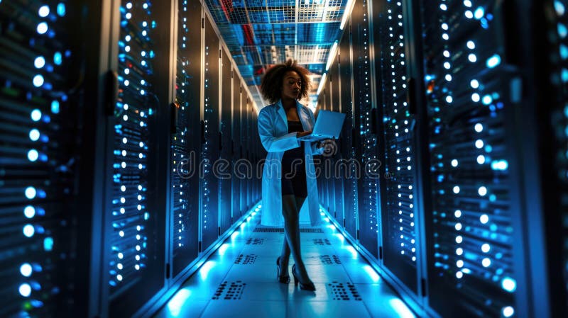 Focused it Professional Using a Laptop while Standing in a Server Room ...