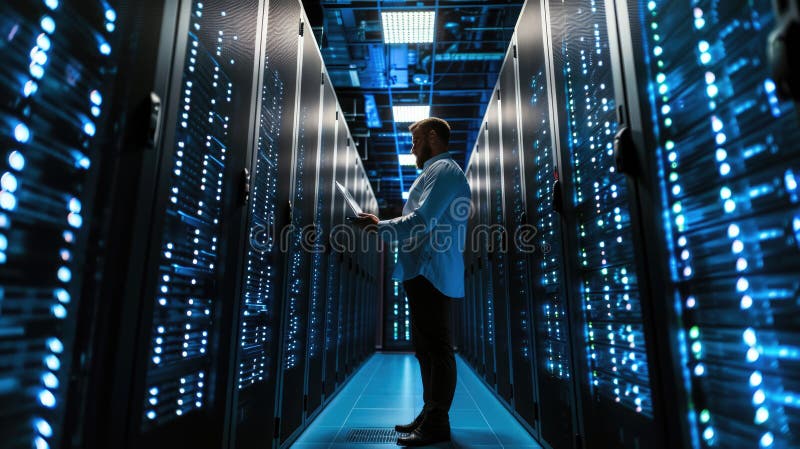 Focused it Professional Using a Laptop while Standing in a Server Room ...