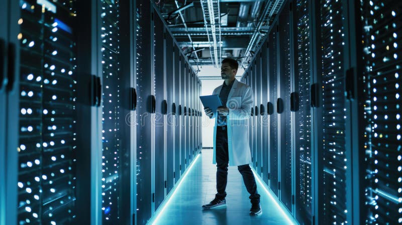 Focused it Professional Using a Laptop while Standing in a Server Room ...