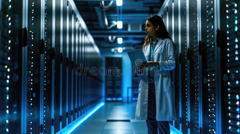 Focused it Professional Using a Laptop while Standing in a Server Room ...