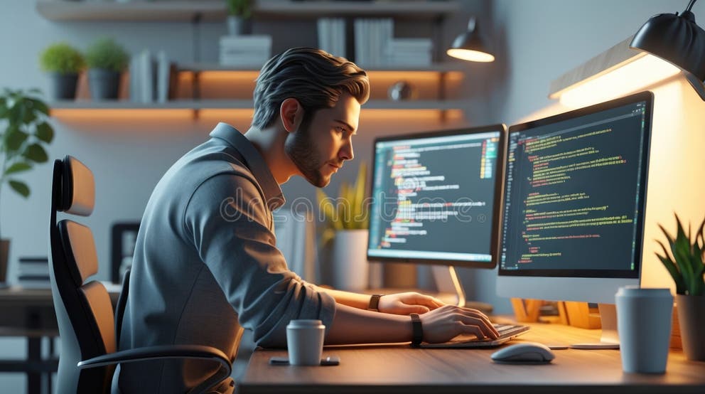 Focused Professional Working on Dual Monitors in a Modern Office Setup ...