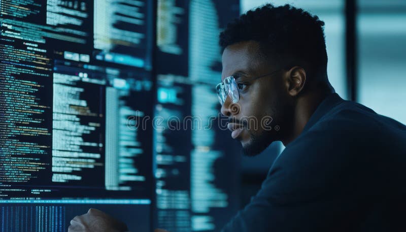 Focused Programmer Analyzes Complex Data on Multiple Monitors in a Tech Workspace Stock Photo ...