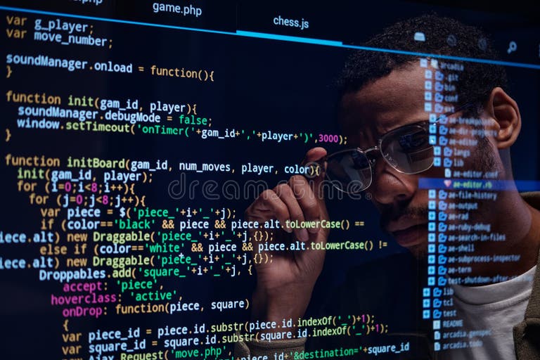 Focused Programmer Analyzing Code on Computer Screen Stock Photo - Image of gadget, technology ...