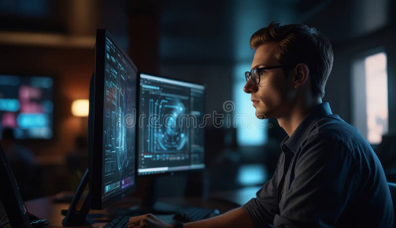Focused Programmer Analyzing Data Stock Illustration - Illustration of computers, business ...